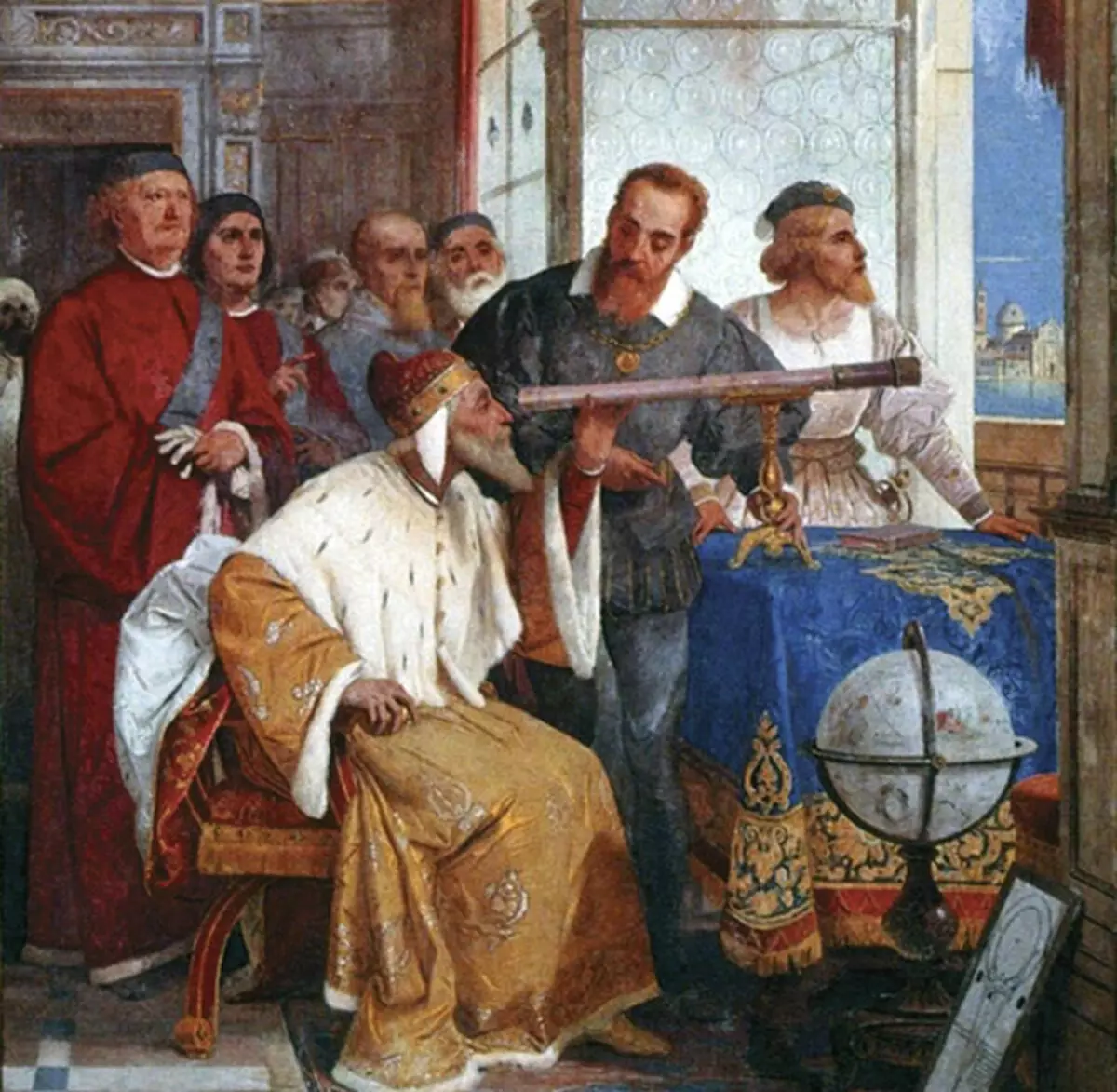 Galileo Galilee pokazuje swój teleskop w Wenecji. Fresco Giuseppe Bertini.