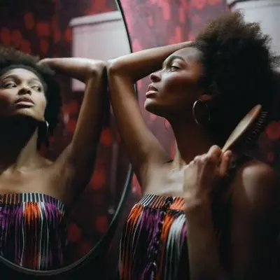 Prirodno-kosa-afro-kosa-češalj-četka-ogledala-crna žena